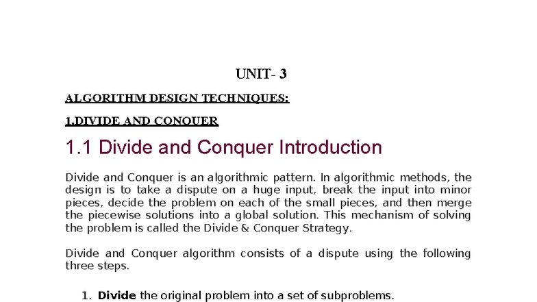 UNIT 3 - PDY: Divide and Conquer Algorithm Design Techniques - Studocu