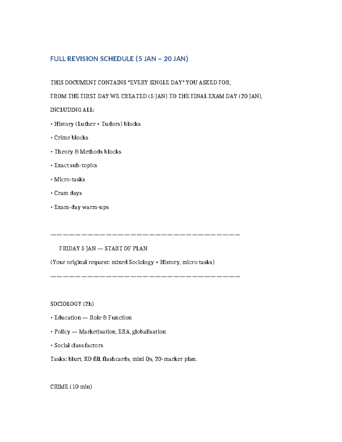 Complete Revision Schedule for Sociology & History (5-20 Jan) - Studocu