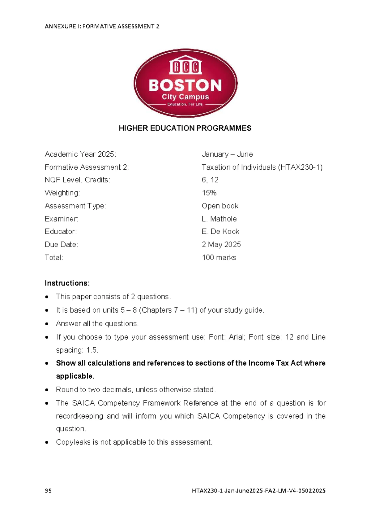 HTAX230 1 SA1 Past Paper Memo: Taxation of Individuals 2025 - Studocu