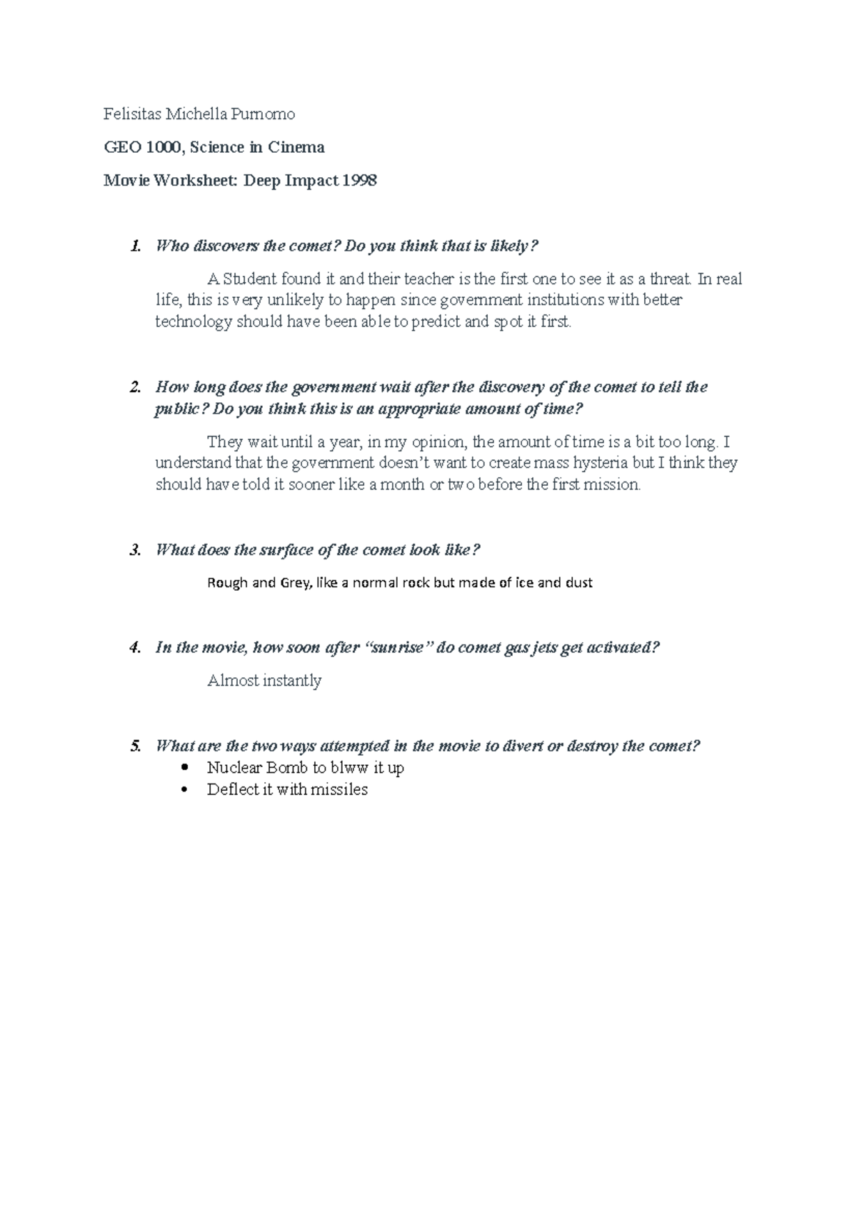 GEO 1000 Movie Worksheet: Analyzing 'Deep Impact' (1998) - Studocu
