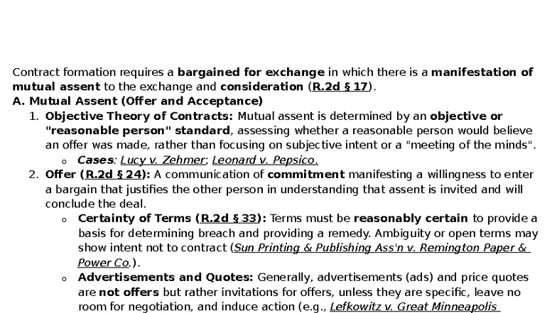 Contracts Attack Outline: Formation, Assent, and Consideration (LAW 101 ...
