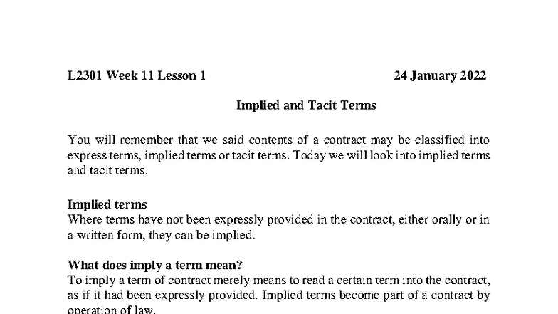 L2301 Week 11 Lesson 1: Understanding Implied and Tacit Terms - Studocu