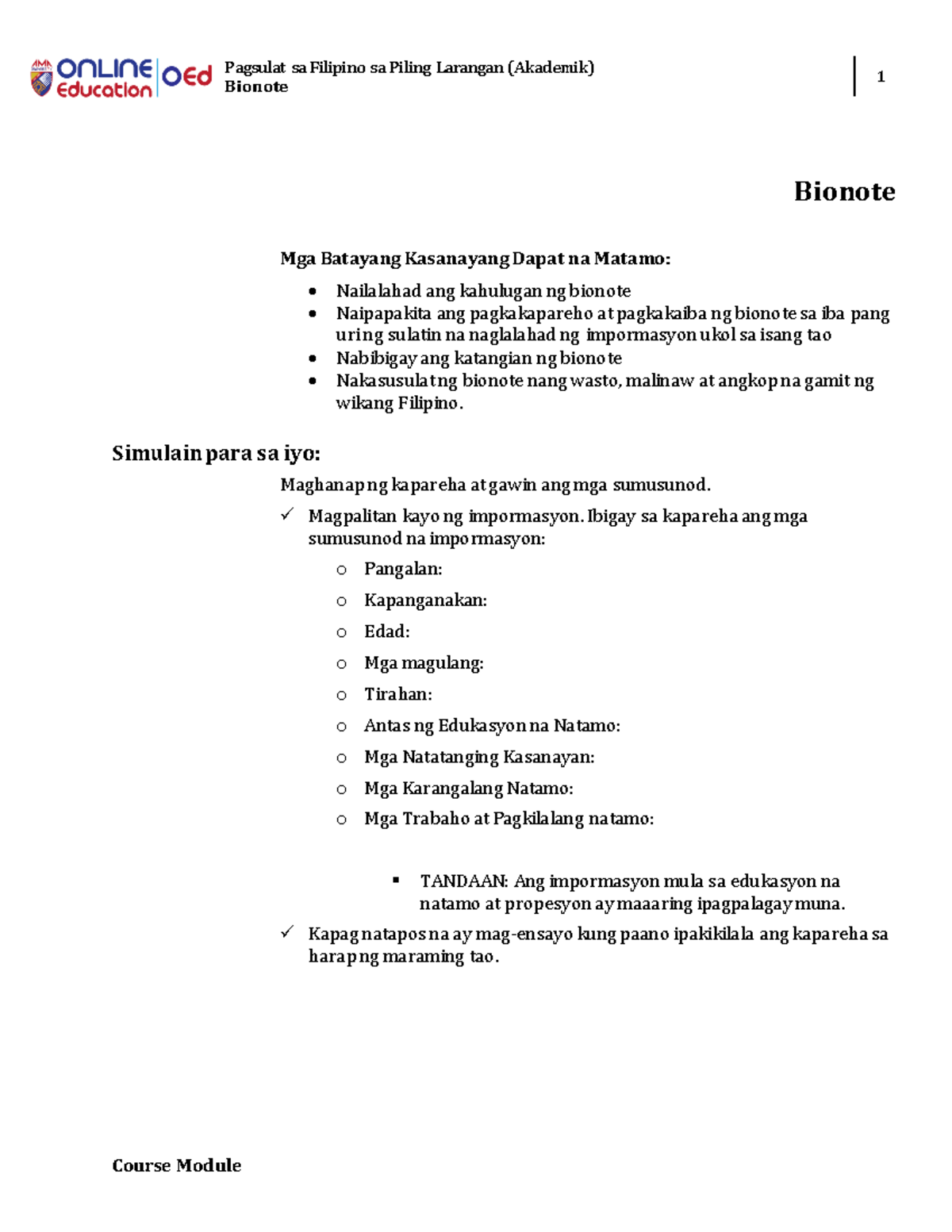 Week 009 Bionote - Disaster - Pagsulat sa Filipino sa Piling Larangan ...