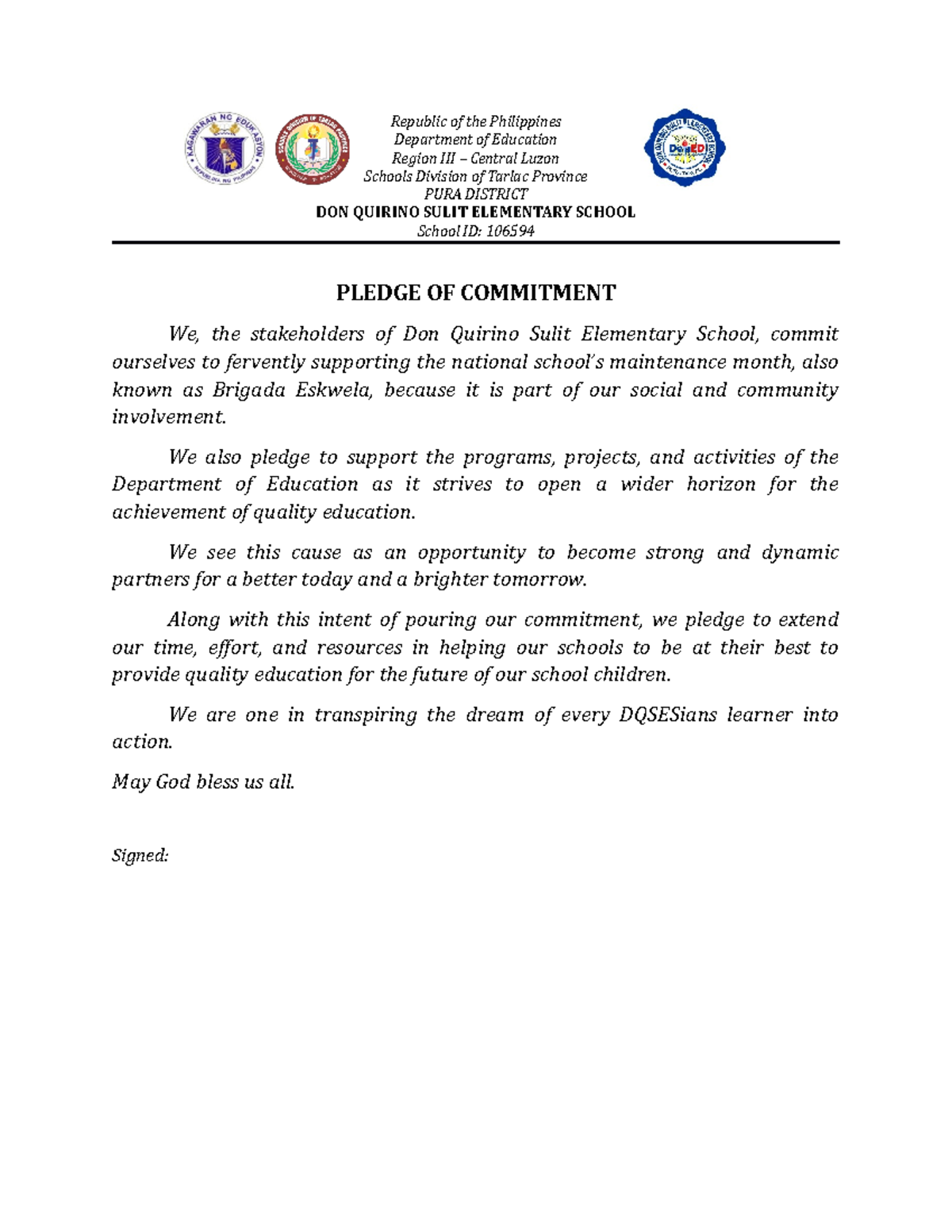 Pledge of Commitment to Education Initiatives - DQSES 3Bs Program - Studocu