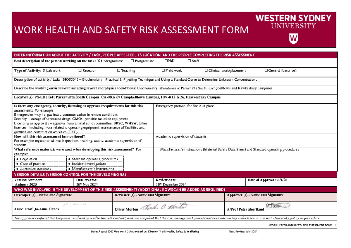 BIOS2042 Prac1 WHS Risk Assessment Form - Pipetting & Standard Curve ...