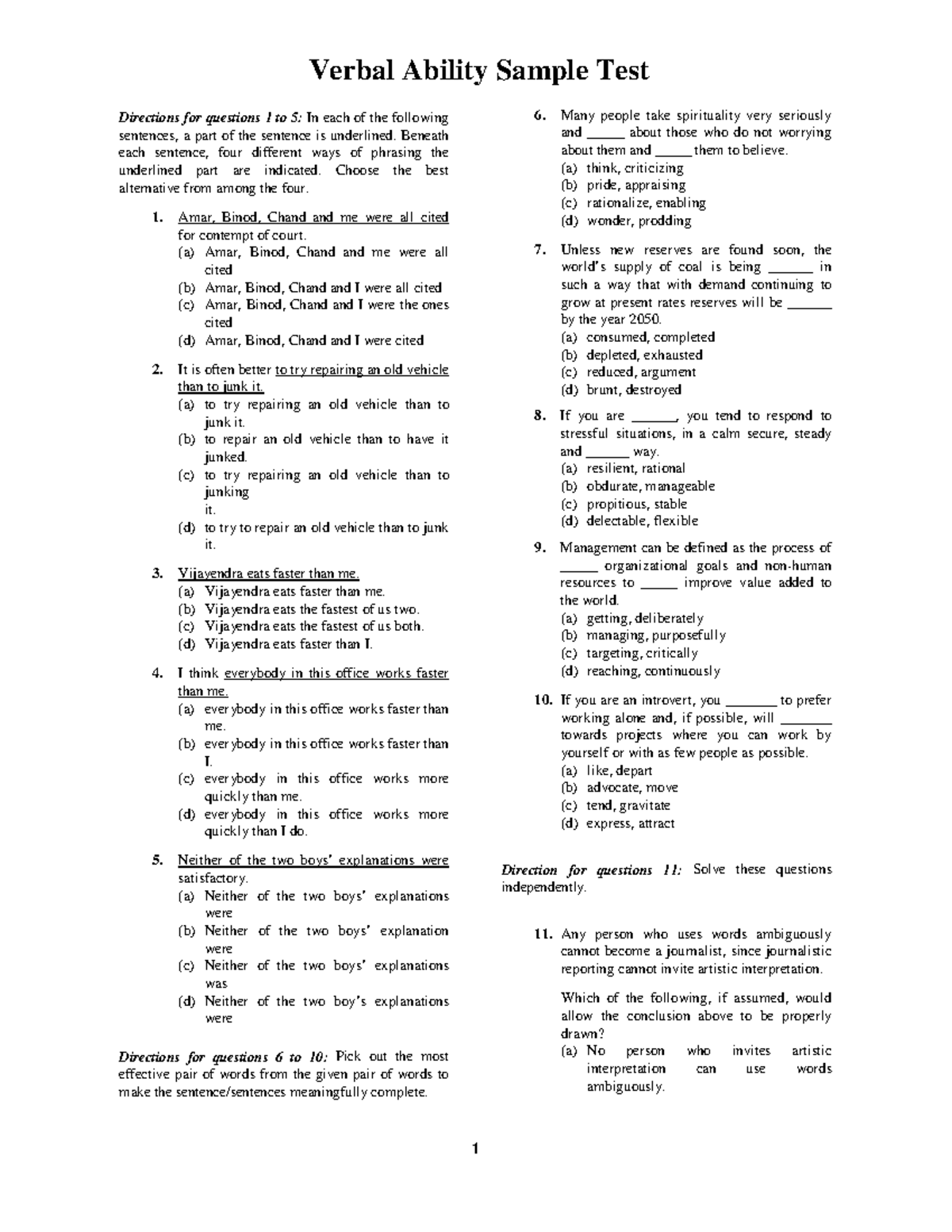 Verbal Ability Sample Test (VA101) - Practice Questions and Answers ...