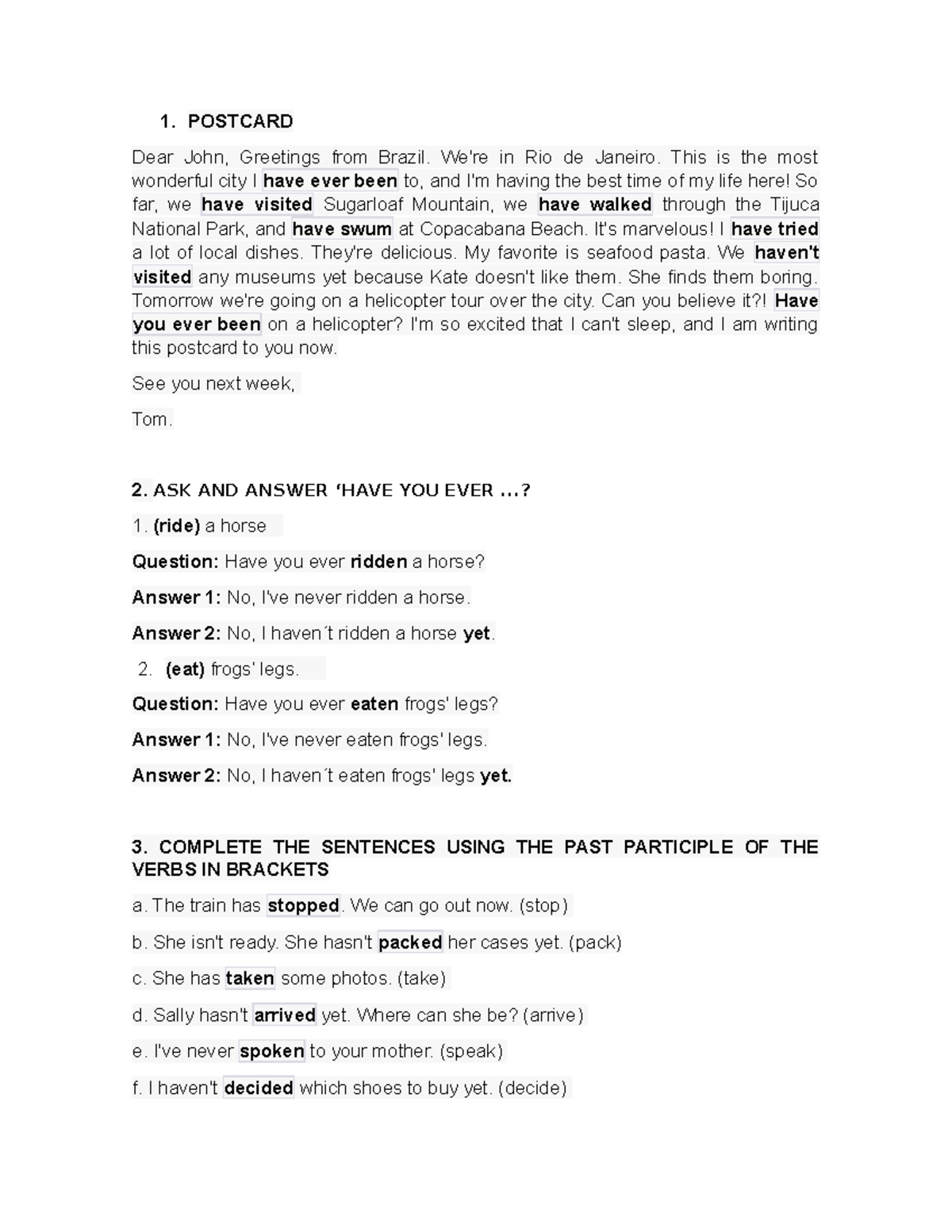 Postcard Activity: Present Perfect & Past Participle Exercises - Studocu