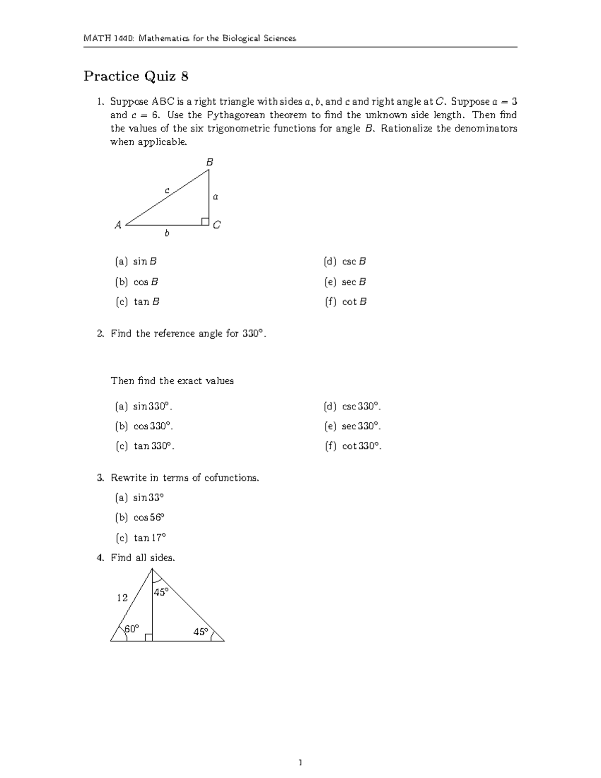 MATH 1440: Practice Quiz 8 - Trigonometry & Right Triangles - Studocu
