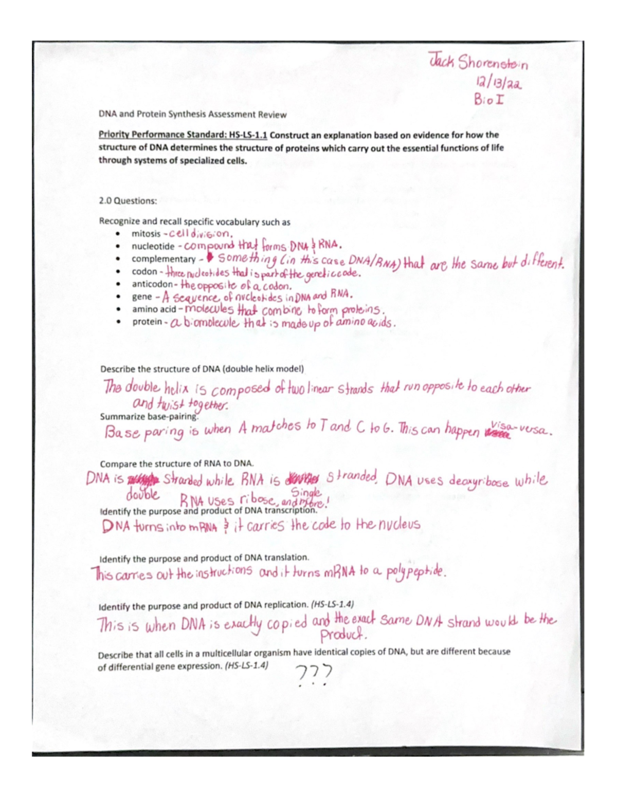 BioI DNA & Protein Synthesis Assessment Review Guide - Studocu