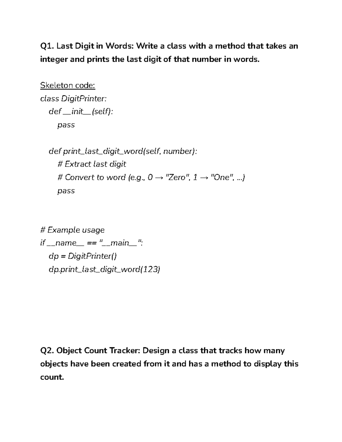 OOP Worksheet 2 - Workshop on OOP for Python DSA: Class Design Tasks ...