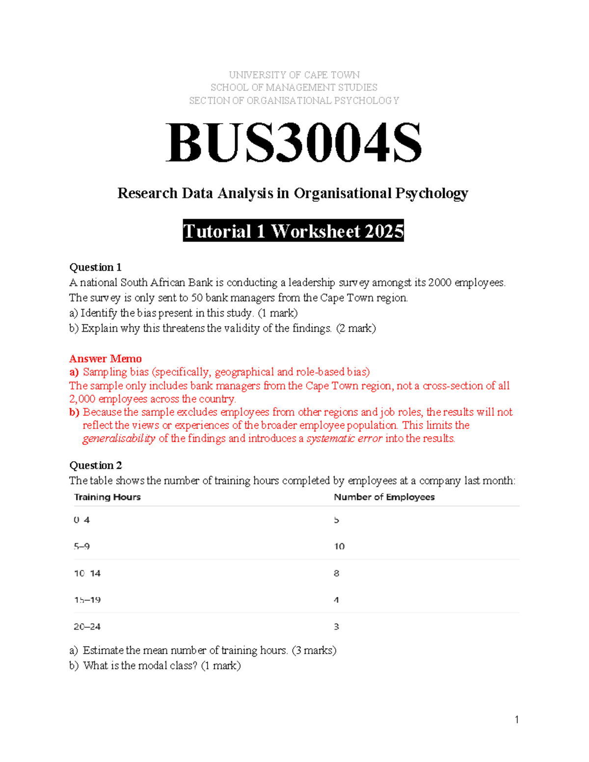 BUS3004S Organisational Psychology Tutorial 1 Worksheet 2025 - Studocu