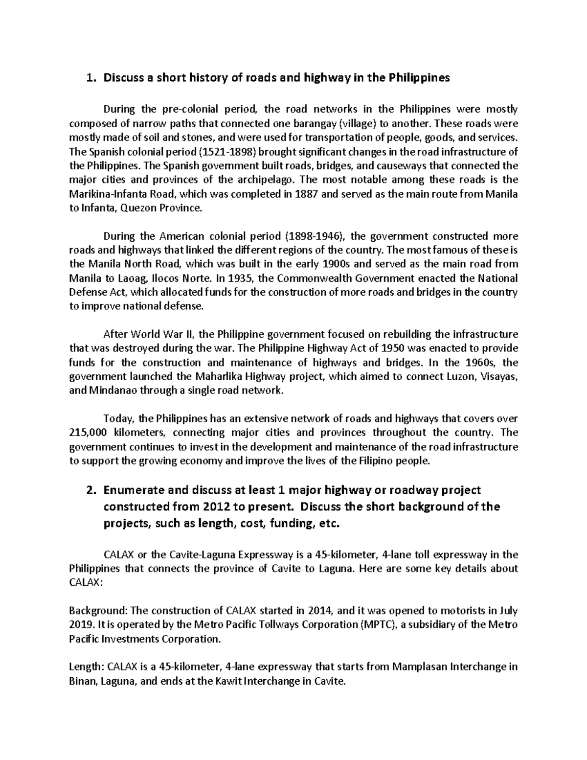 History and Development of Highways in the Philippines: A Study - Studocu