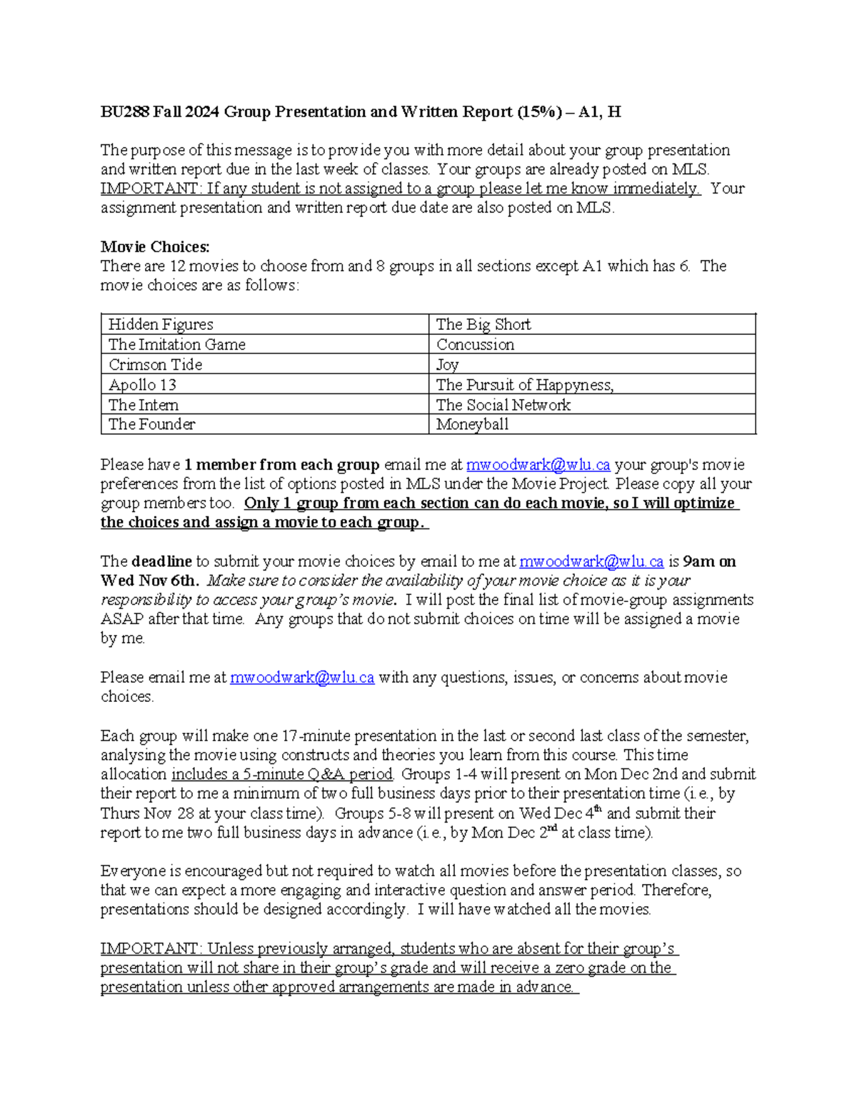 BU288 Movie Group Presentation and Written Report details Fall 2024 A1 ...