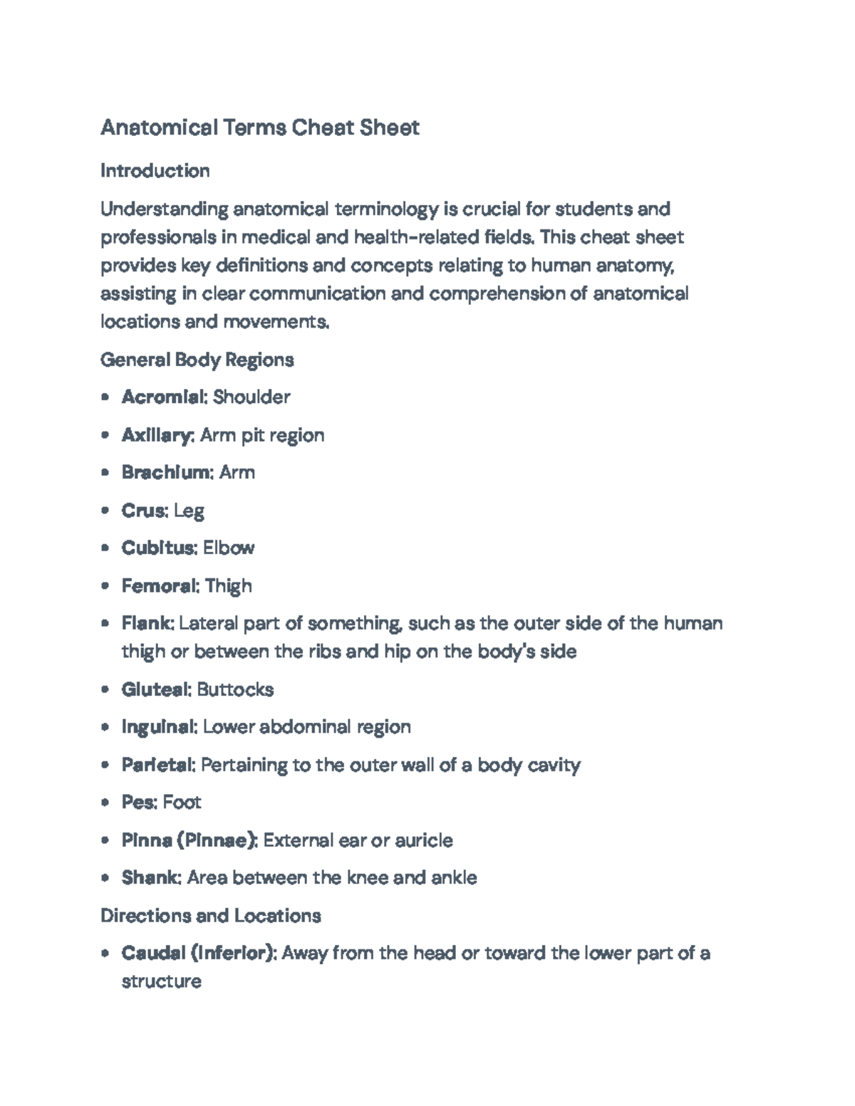 Anatomical Terms Cheat Sheet for Health Students: Key Definitions ...
