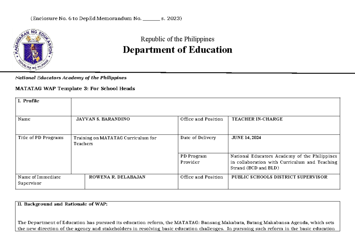 MATATAG WAP Plan for School Heads: Training on Curriculum ...