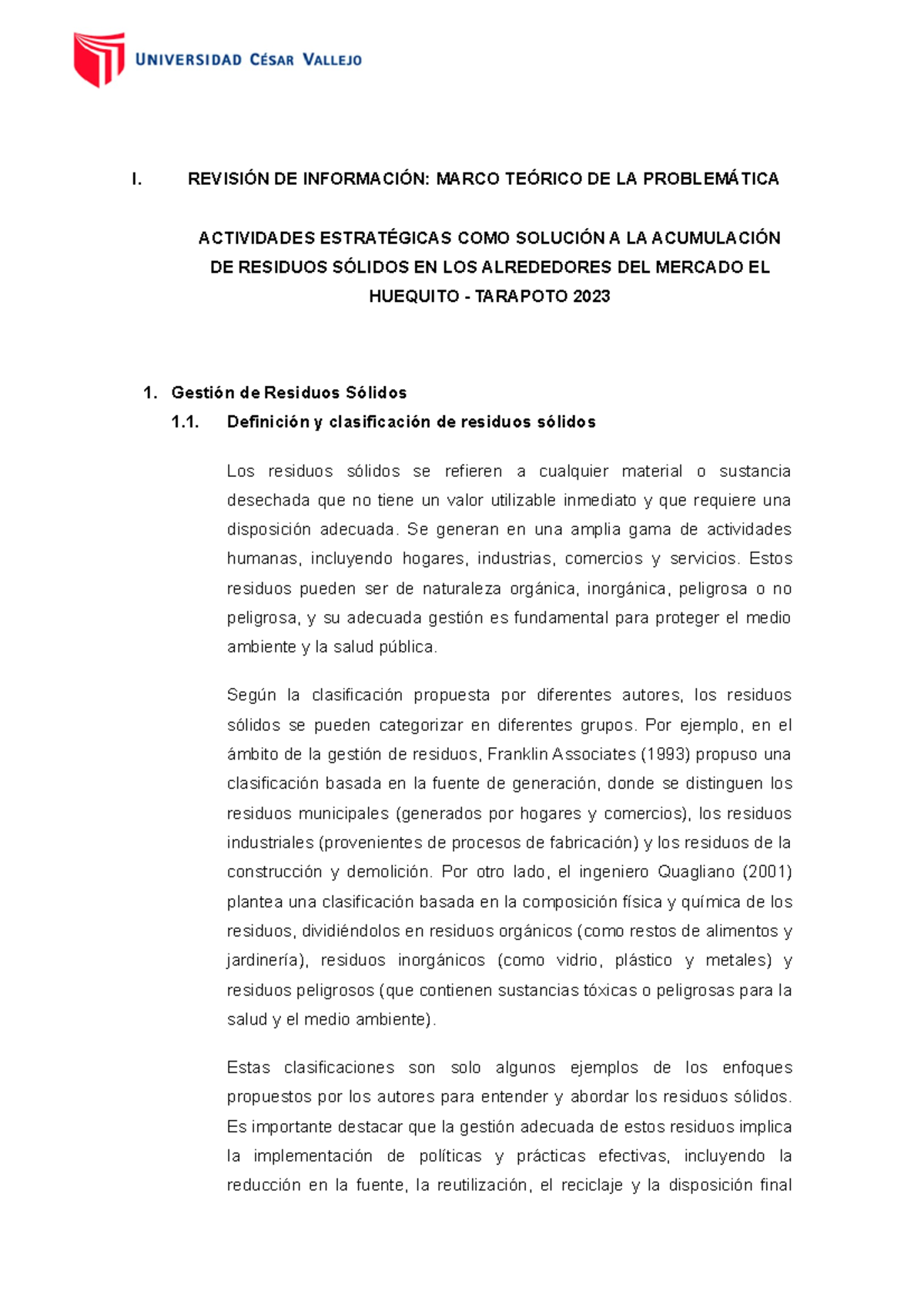 Gestión de Residuos Sólidos en El Huequito - Marco Teórico 2023 - Studocu