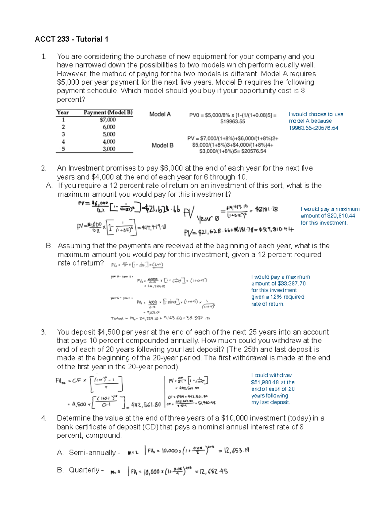 ACCT 233 Tutorial 1: Investment Analysis & Calculation Exercises - Studocu