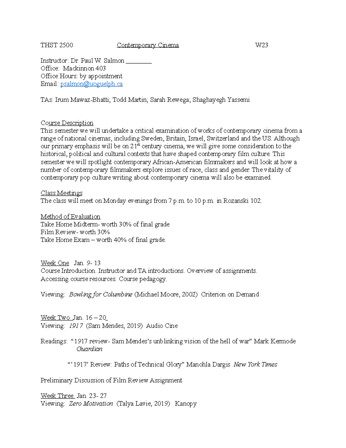 THST 2500 Winter 2023 Course Outline & Contemporary Cinema Overview ...