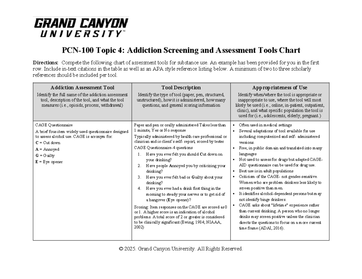 PCN-100: Addiction Screening & Assessment Tools Chart - Studocu