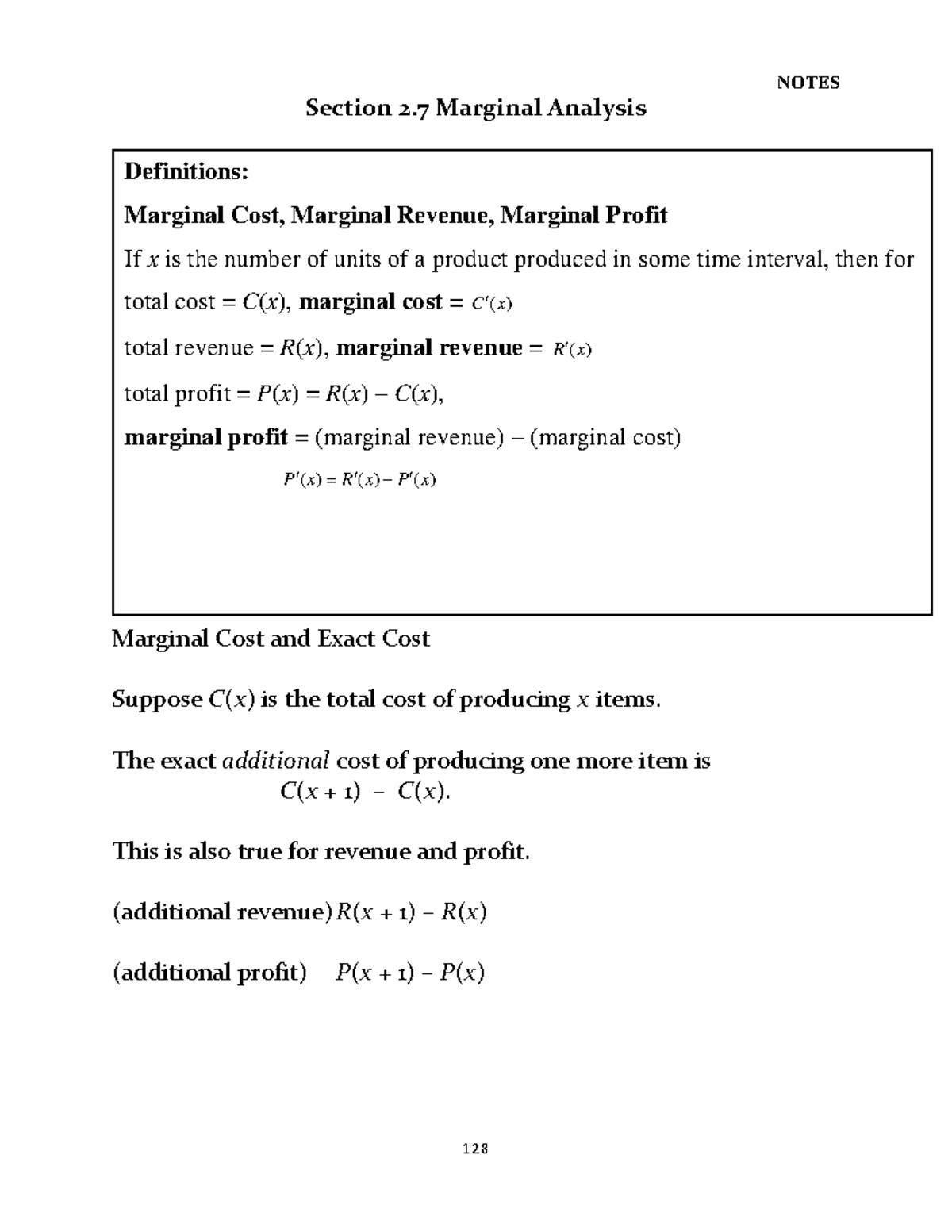 Math Notes 3: Section 2.7 Marginal Analysis Definitions and Examples ...