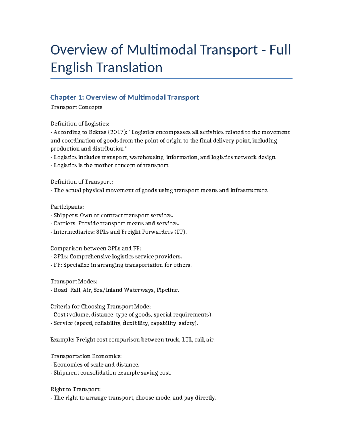 Comprehensive Overview of Multimodal Transport Translation (ENG) - Studocu
