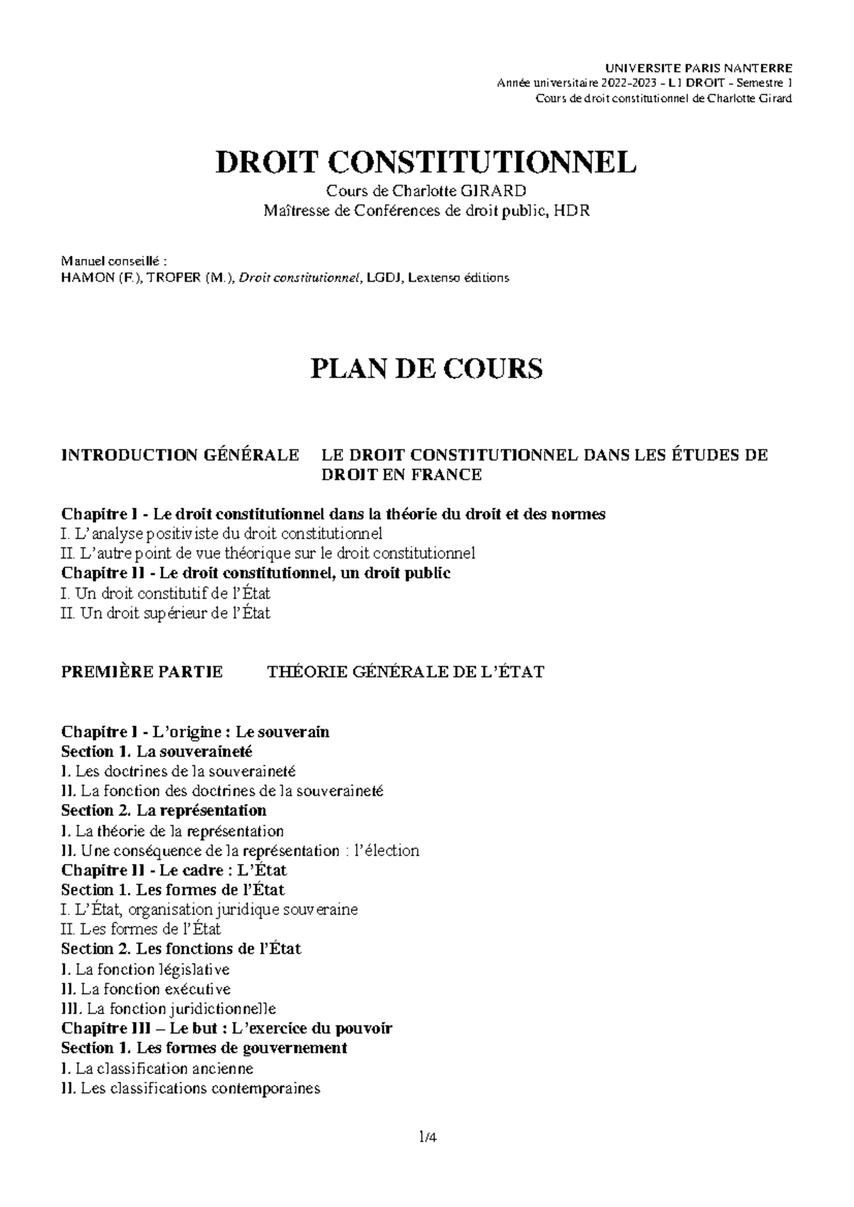 Plan de cours Constit I 20222023 Girard - Année universitaire 20 22 - 2023 - L1 DROIT - Semestre ...