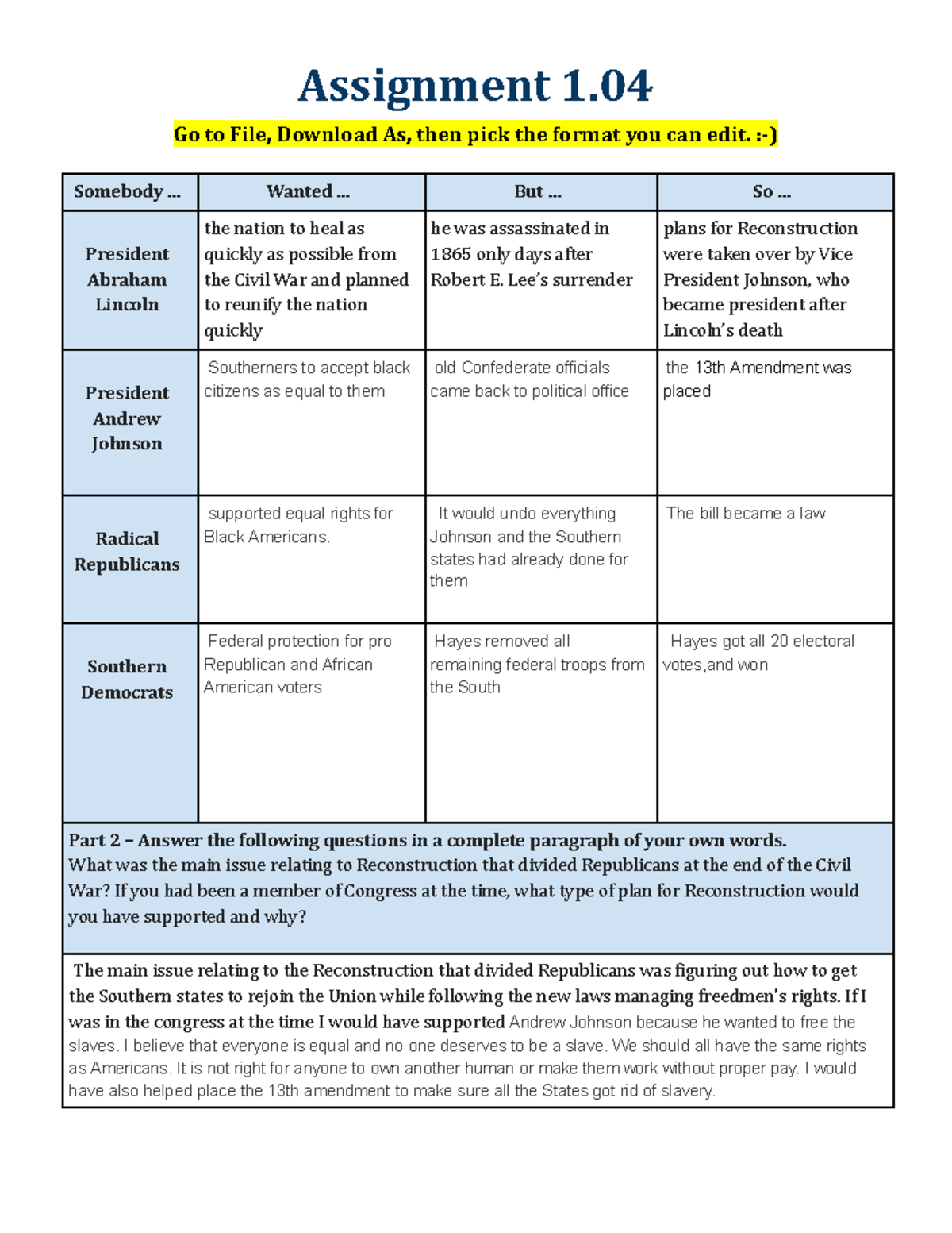 USH 1.04 - Assignment on Reconstruction and Post-Civil War Policies ...