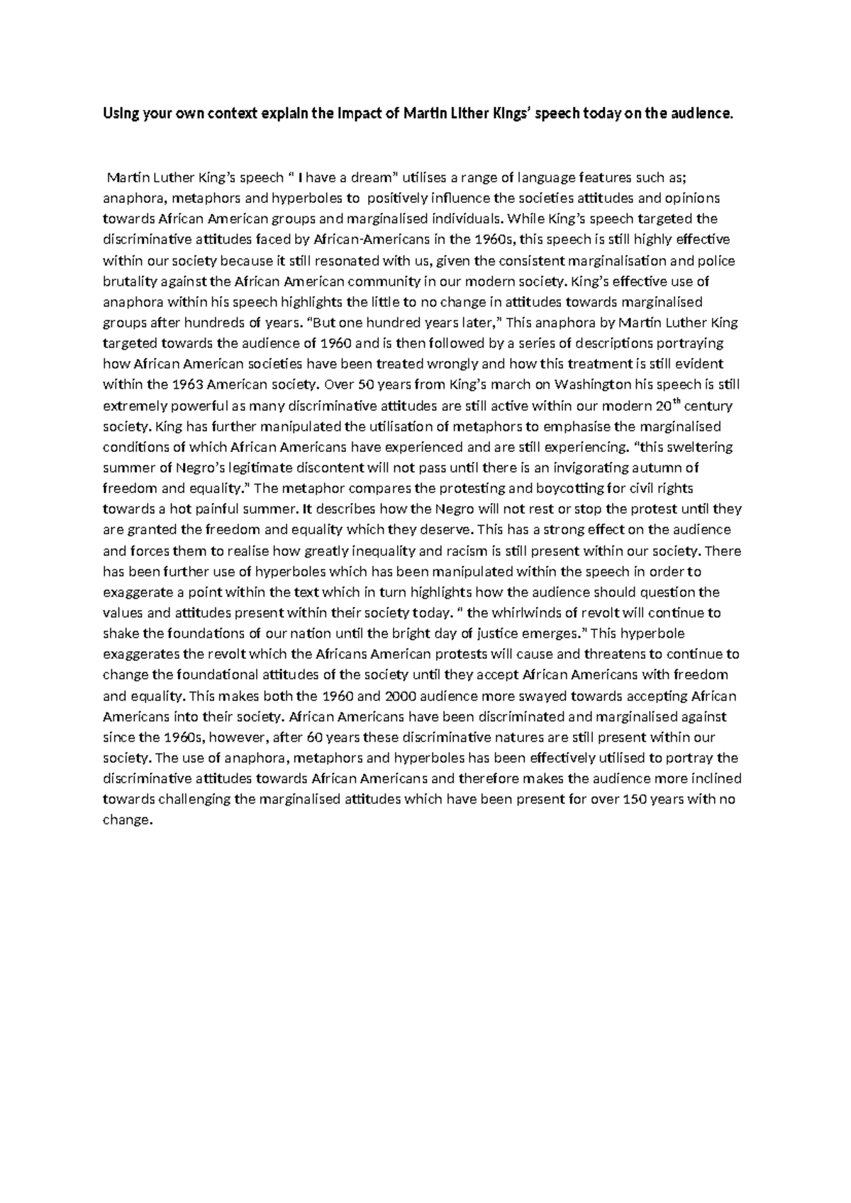 Impact of Martin Luther King's "I Have a Dream" Speech Today - Year 10 ...