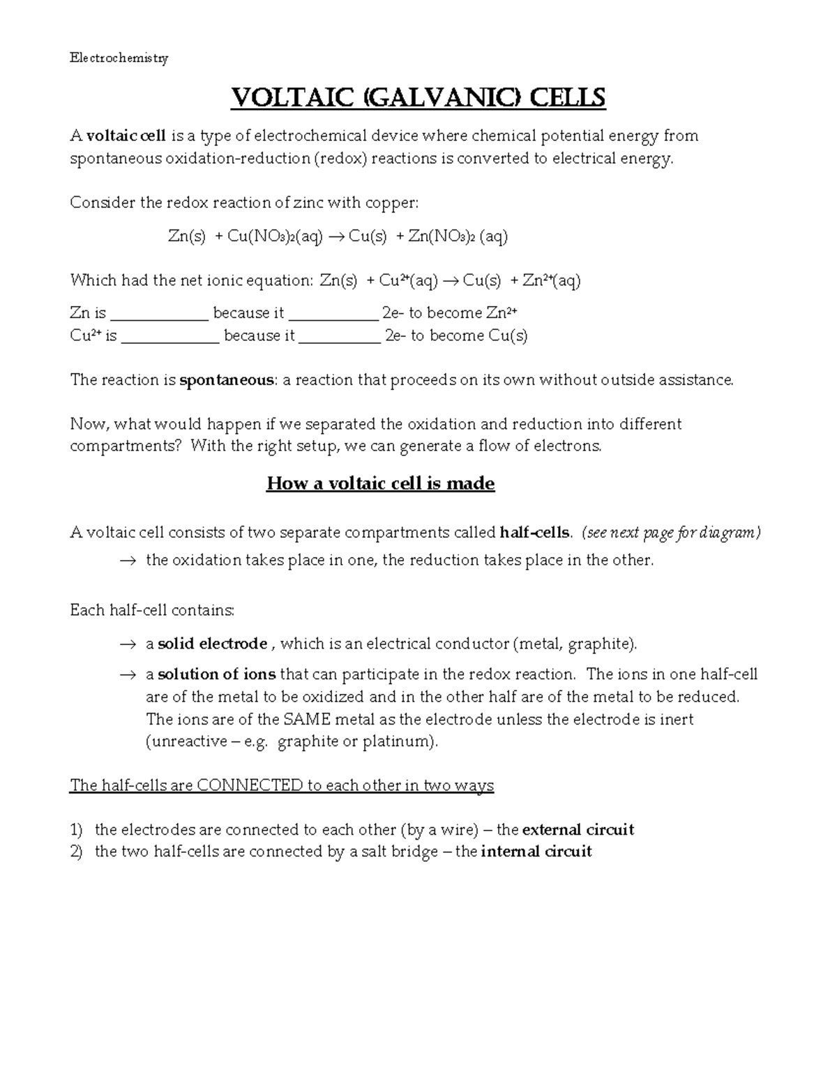 Electrochemistry: Voltaic Cells Overview (3-Voltaic Cells Handout ...