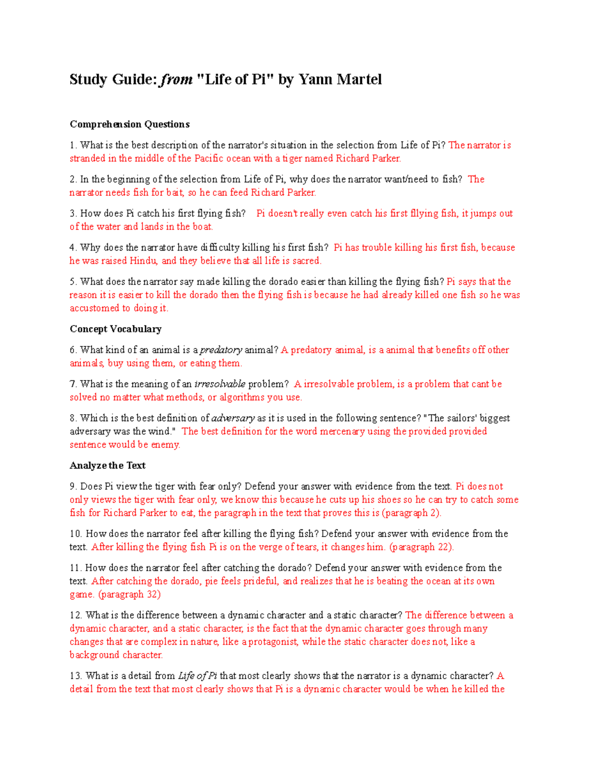 Life of Pi Study Questions & Comprehension Guide 2024-1 - Studocu