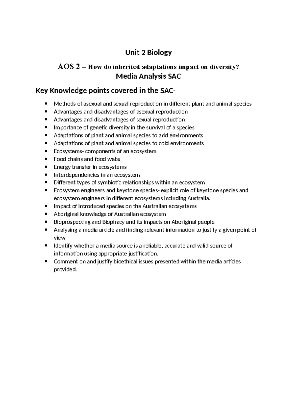 Student Handout - pracice artcile anc checklsit - Unit 2 Biology AOS 2 ...