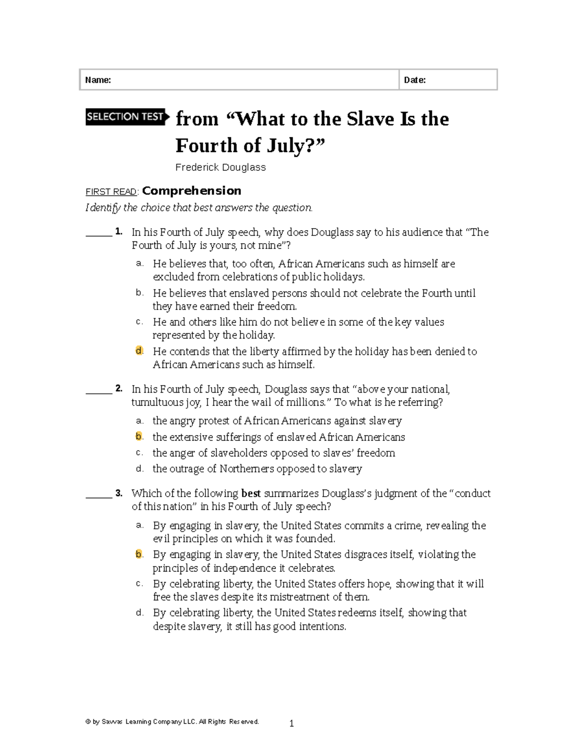 GRADE 11 UNIT 3 SELECTION TEST: FREDERICK DOUGLASS' FOURTH OF JULY ...