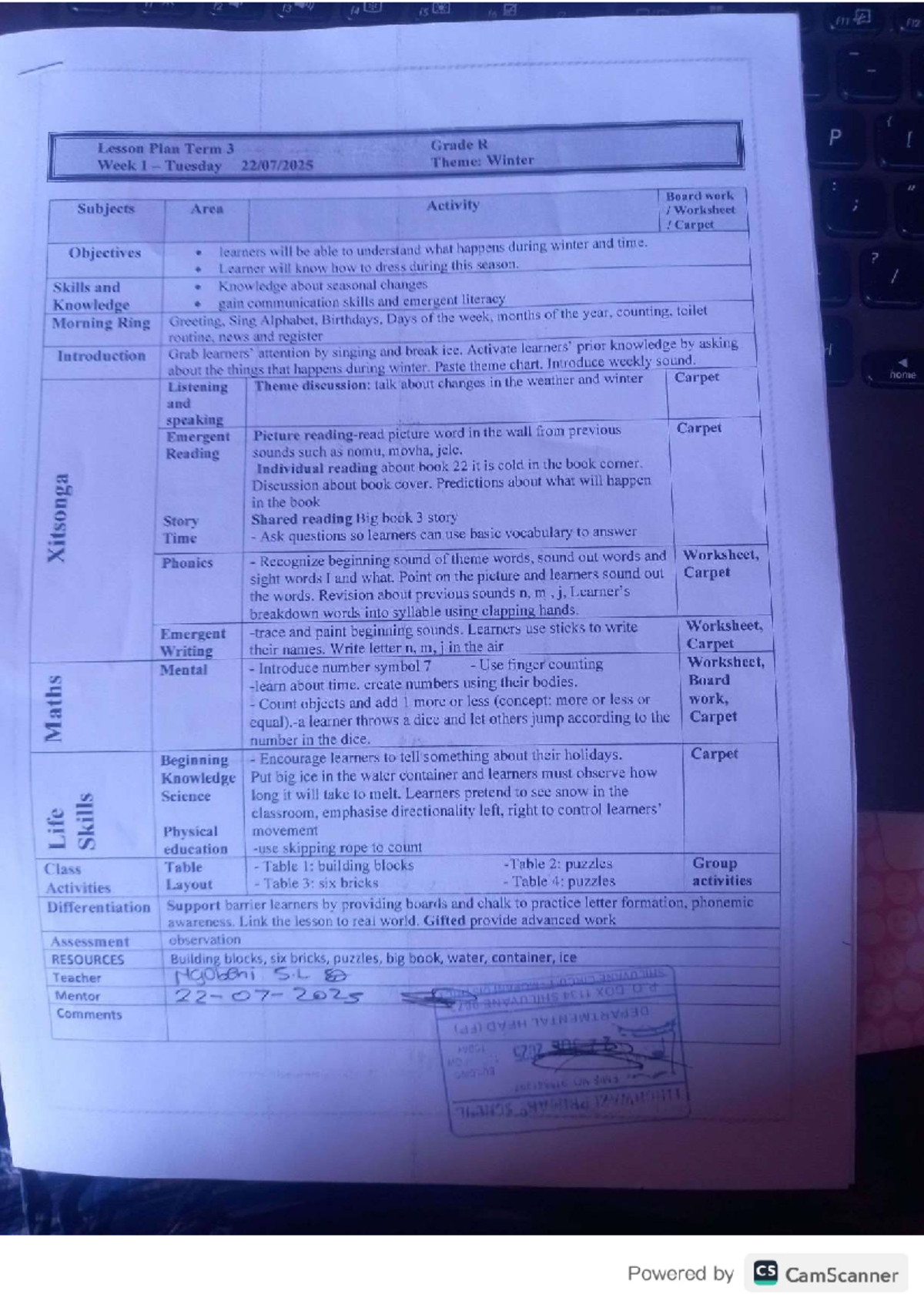 Lesson Plan Term 3 Grade R: Winter Theme Activities and Objectives ...