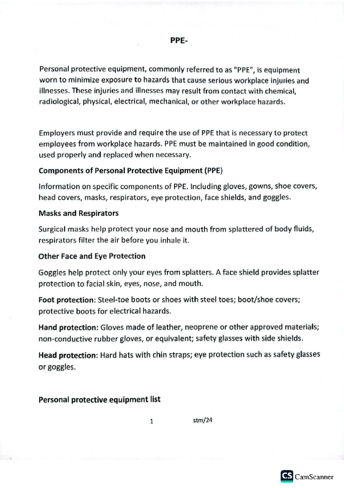 PPE 101: Importance and Types of Personal Protective Equipment - Studocu
