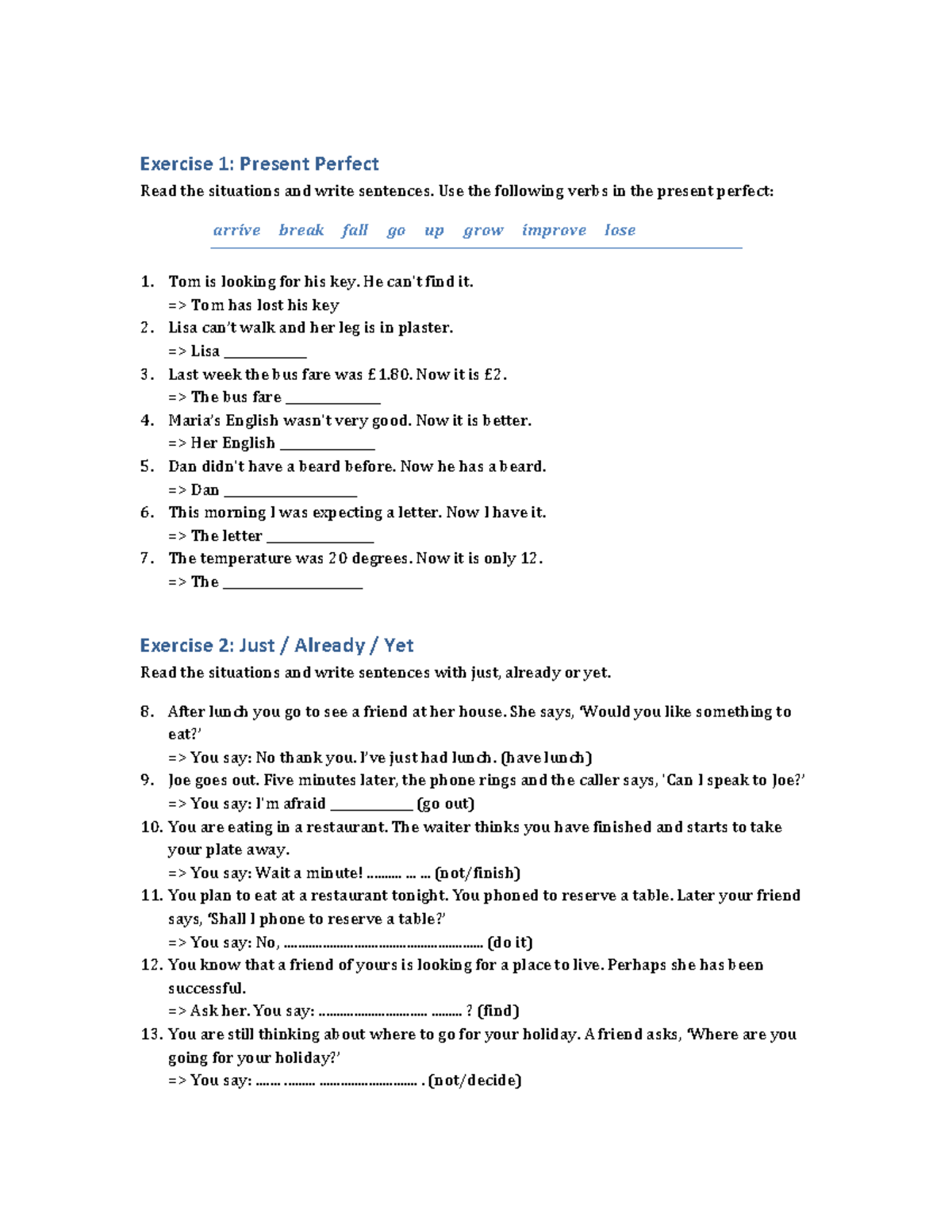 Present Perfect Exercises: Practice Sentences and Usage - Studocu