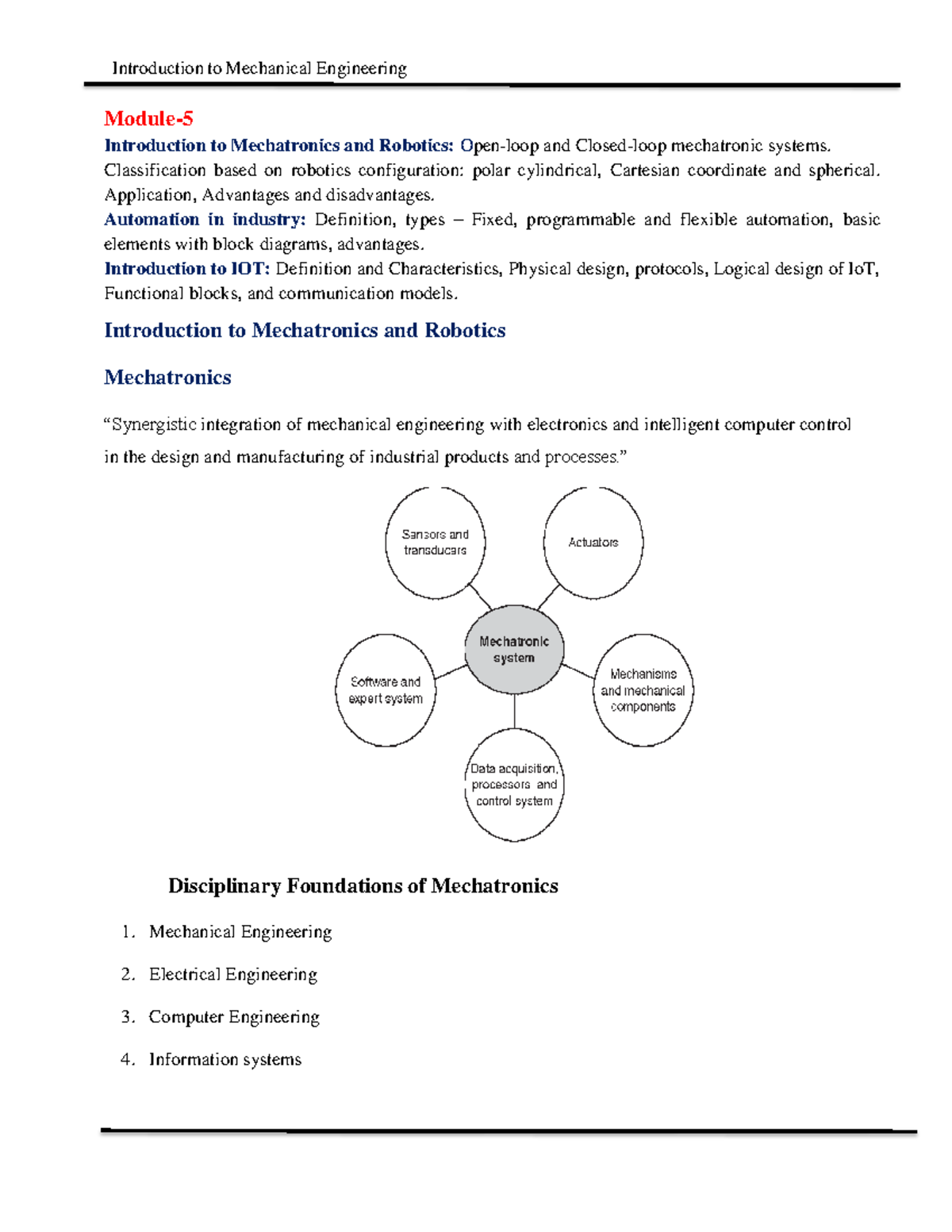 IME- Module 5: Mechatronics, Robotics & IoT Overview - Studocu