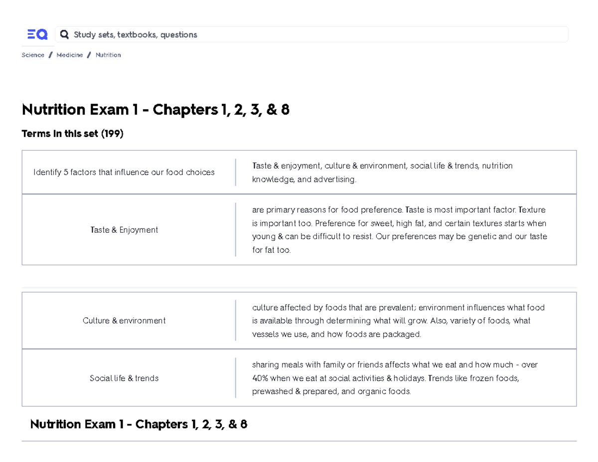 Nutrition Exam 1 Study Guide - Chapters 1, 2, 3, & 8 Flashcards - Studocu