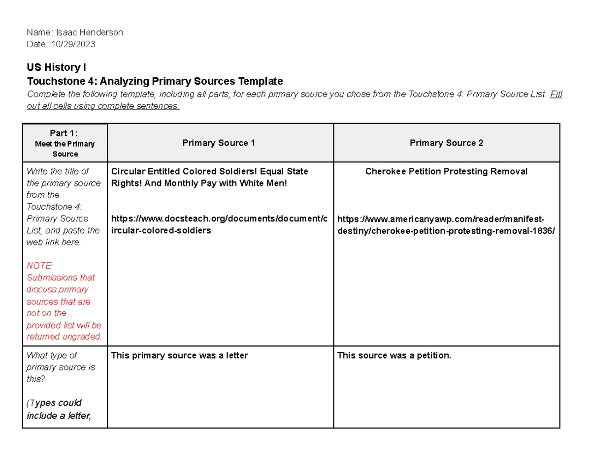 US History I Touchstone 4: Analyzing Primary Sources Template - Studocu