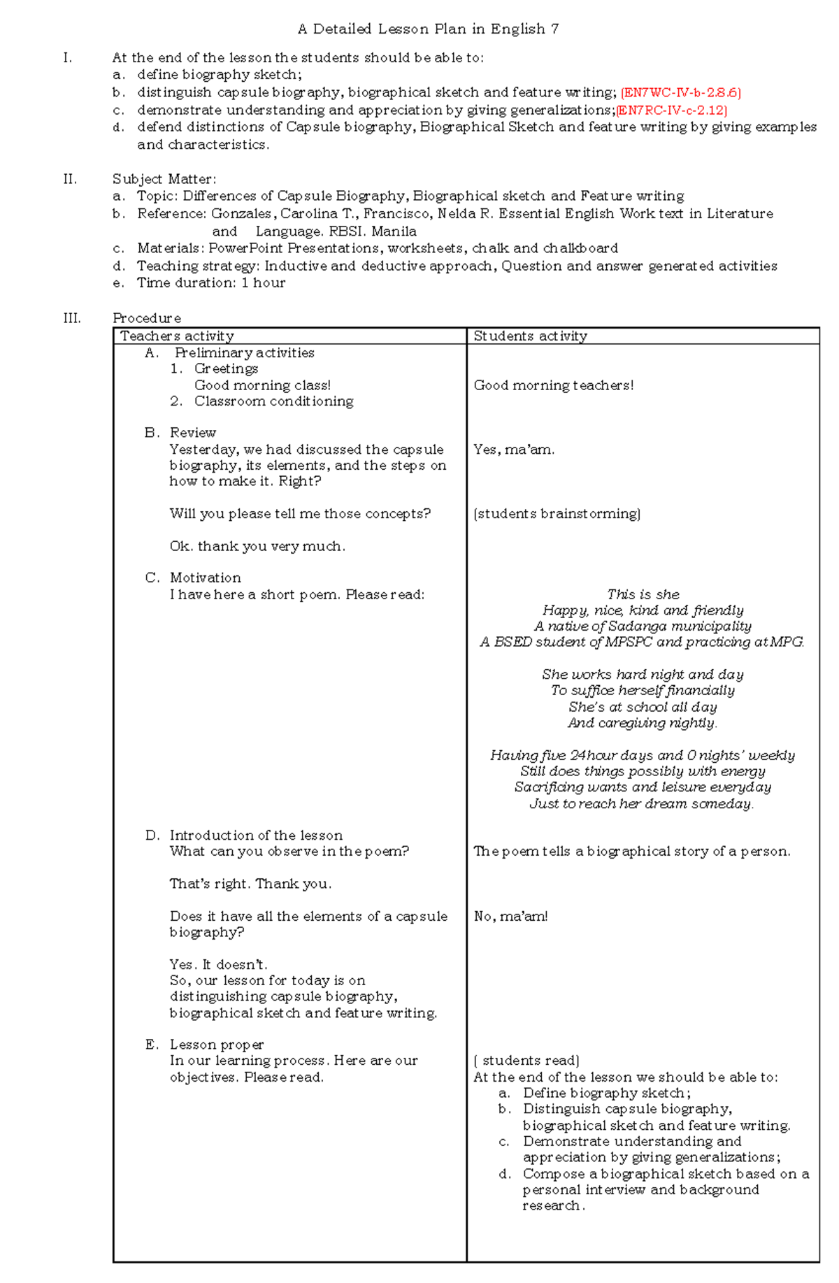 Lesson Plan: Understanding Biography Sketch vs. Capsule Bio (EN7) - Studocu