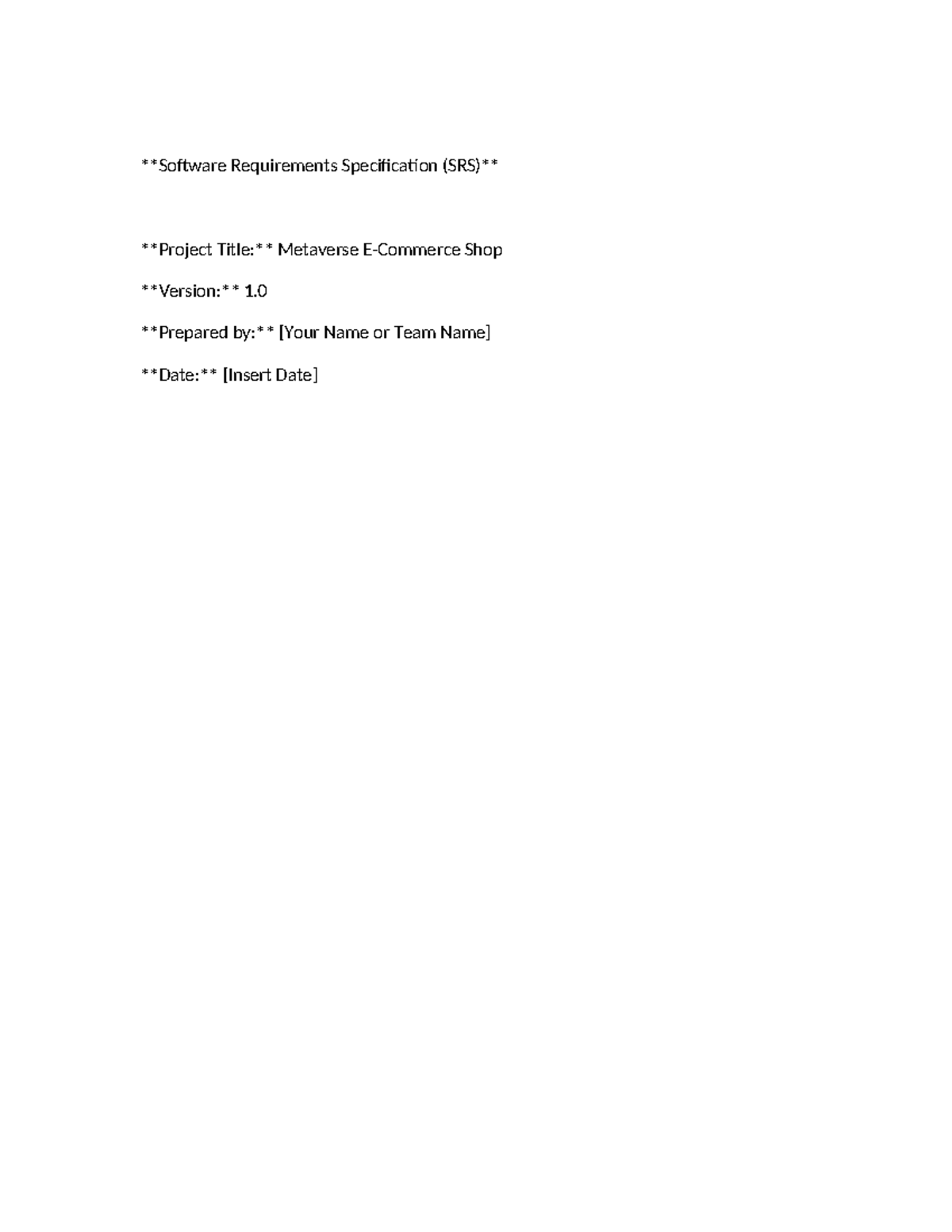 Metaverse E-Commerce Shop SRS Document Version 1.0 - Studocu