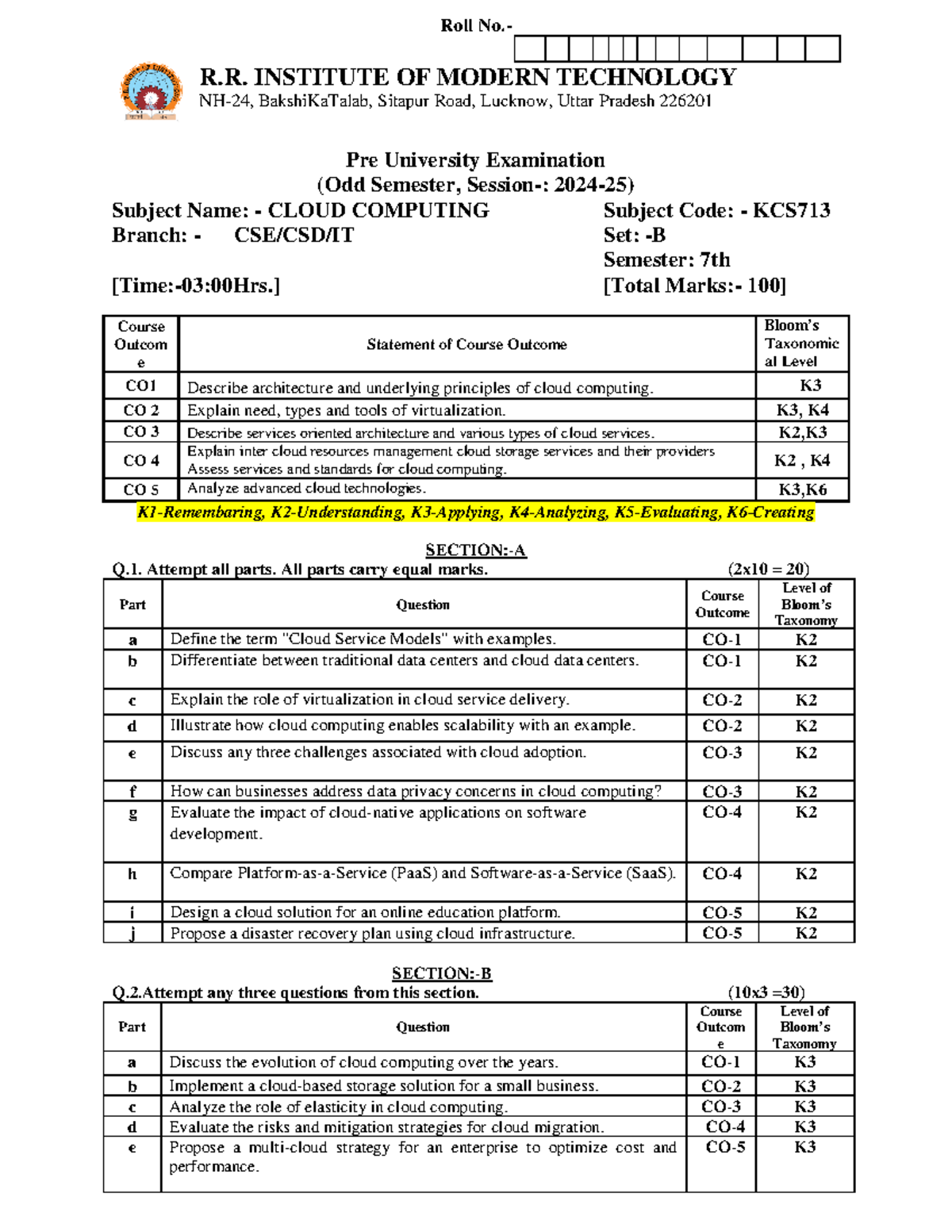 PUT SET B Cloud Computing KCS713 DEC 2024 - Roll No.- Rr R. INSTITUTE ...