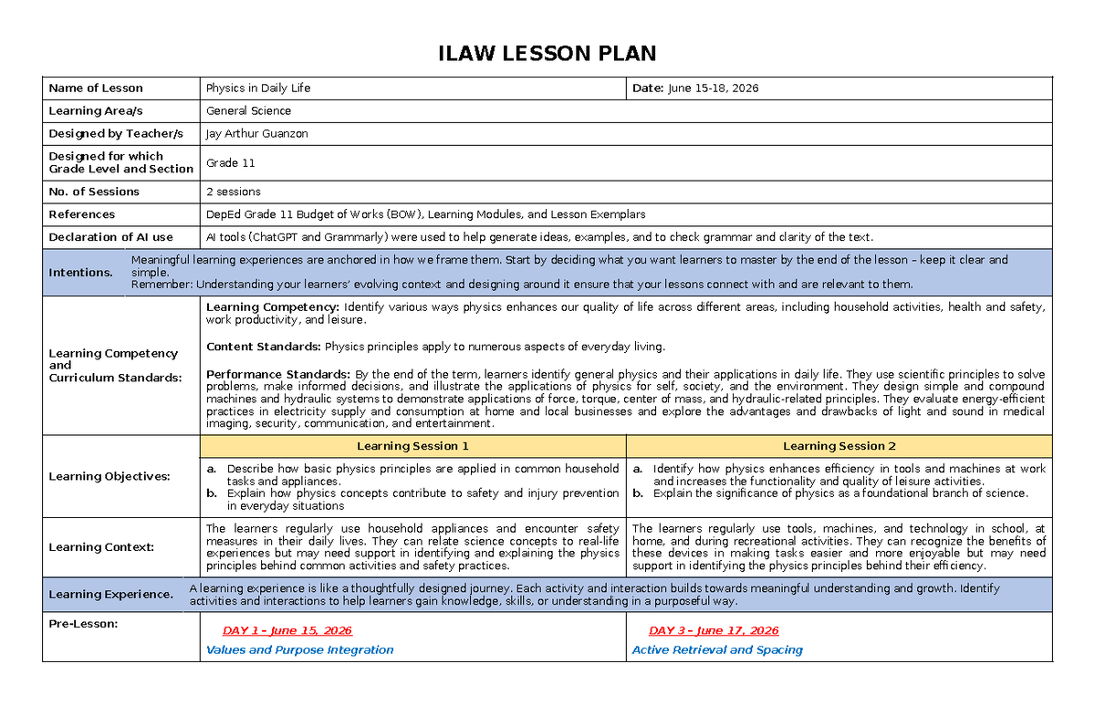 Grade 11 ILAW Lesson Plan: Physics in Daily Life Integration - Studocu