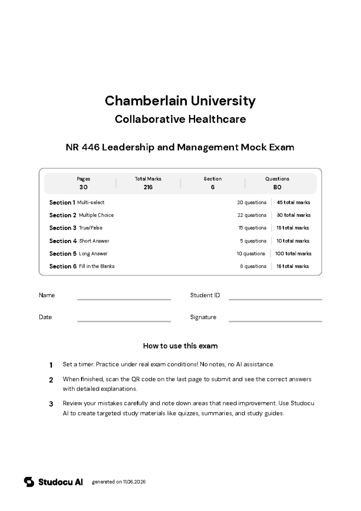 NR 446 Leadership and Management Mock Exam - Studocu