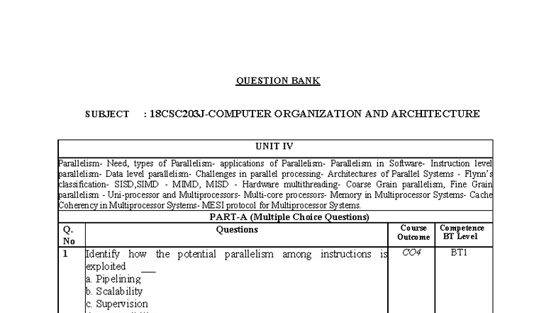 Unit IV Question Bank: Parallelism in Computer Architecture - Studocu