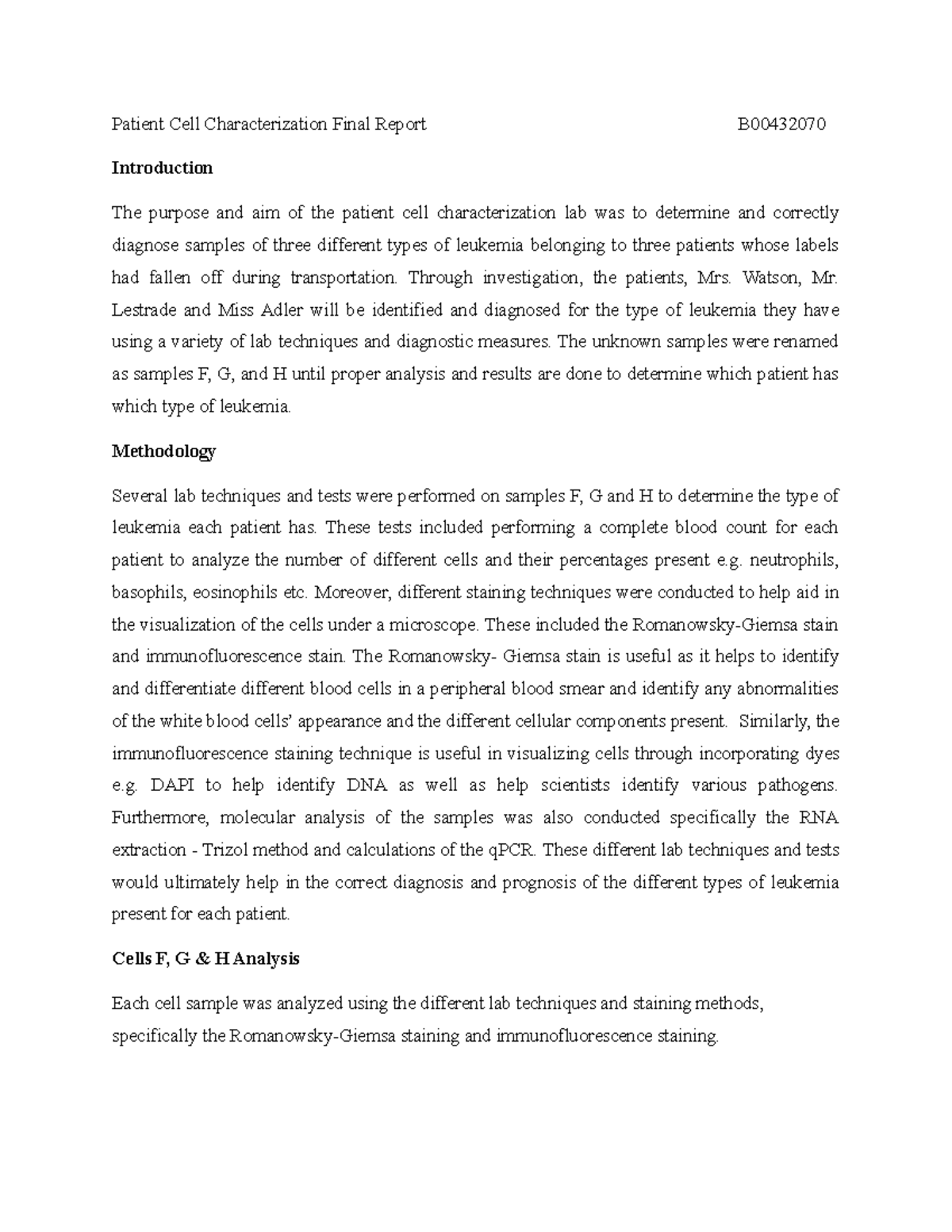 Patient cell characterization - Through investigation, the patients ...