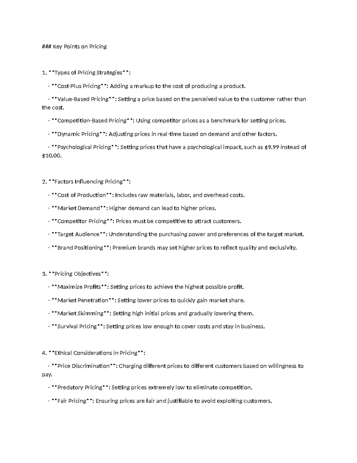 Key Points on Pricing - notes - Key Points on Pricing Types of Pricing ...