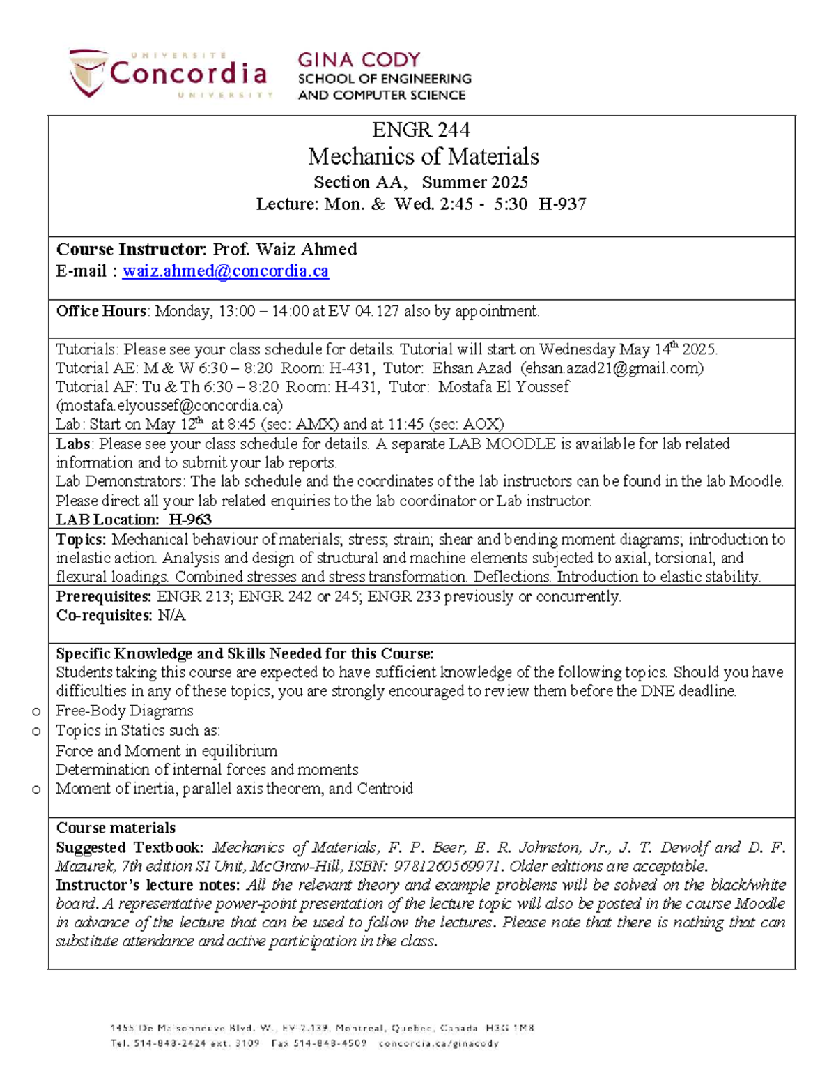 ENGR 244 Mechanics of Materials Summer 2025 Lecture Outline and Details - Studocu