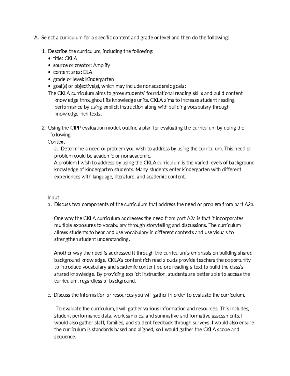 CKLA ELA Curriculum Evaluation Plan for Kindergarten - Studocu