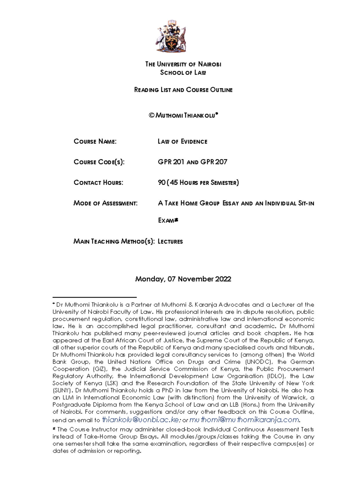 GPR 201 & GPR 207 - Course Outline for Evidence Law at UoN - Studocu