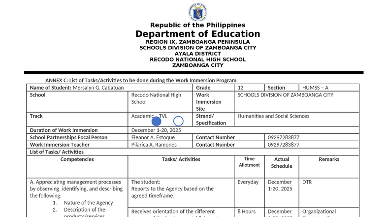 Work Immersion Program Activities - Grade 12 HUMSS A (Annex C) - Studocu
